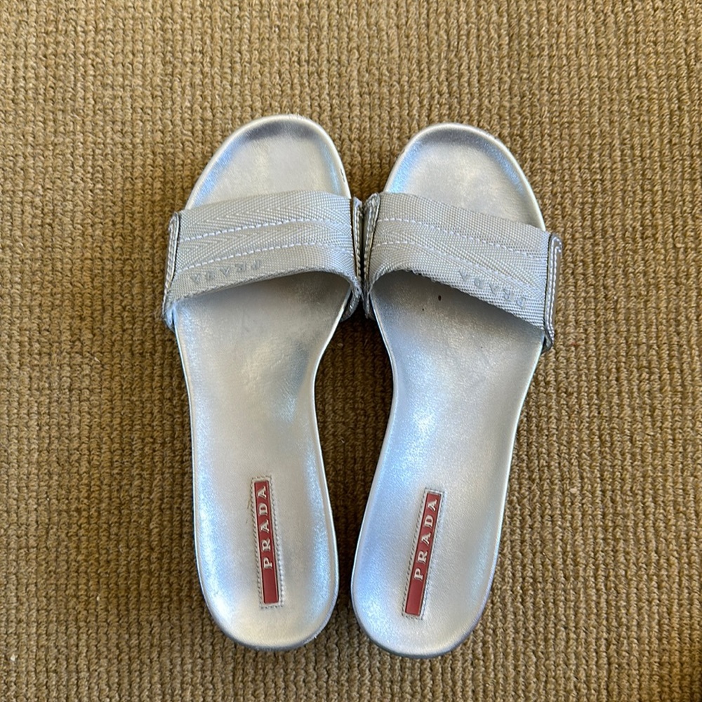 Authentic Prada Silver Slide Sandals - Gem